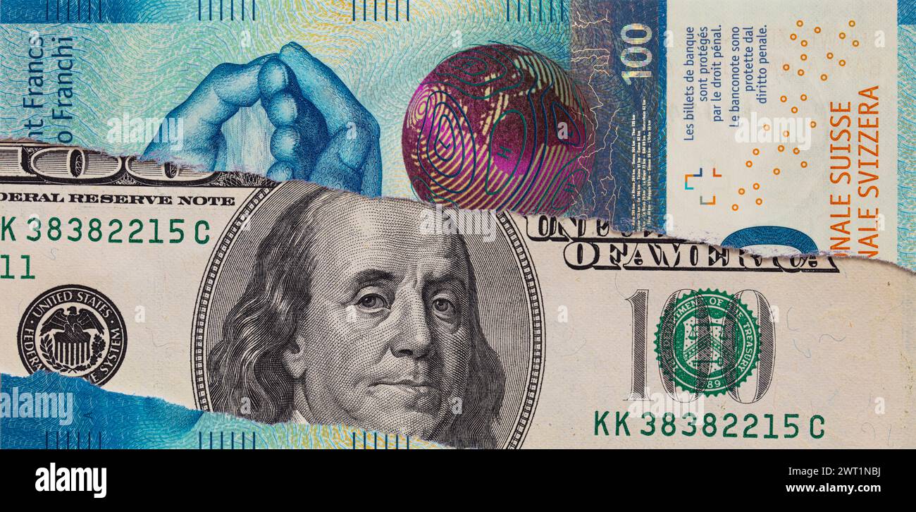 100 Swiss franc banknote through torn 100 Swiss franc banknote for ...