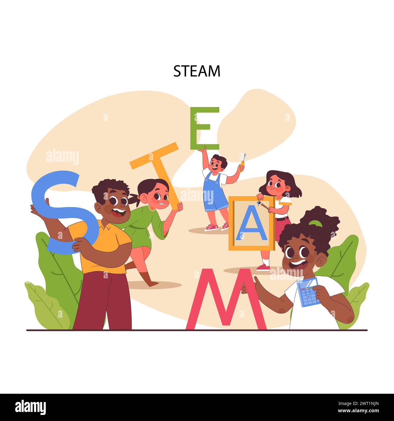 STEAM education. Schoolers gaining knowledge about technologies, science, mathematics and art ...