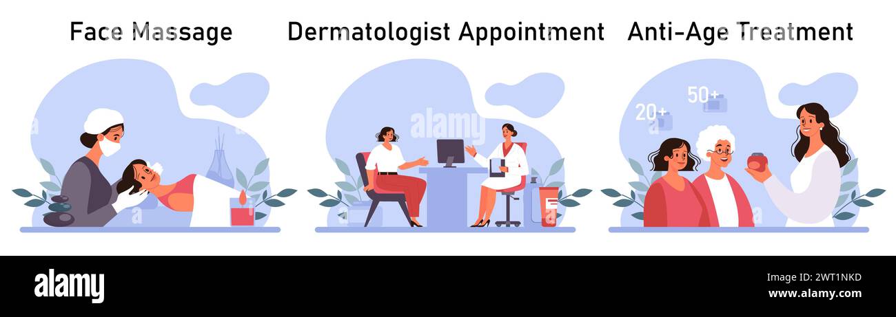 Skincare routine set. Facial skin cosmetic products applying and ...