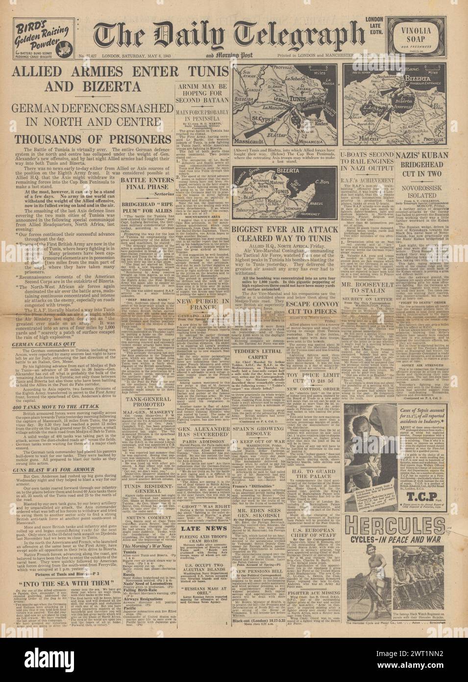 1943 The Daily Telegraph front page reporting Allies capture Tunis ...