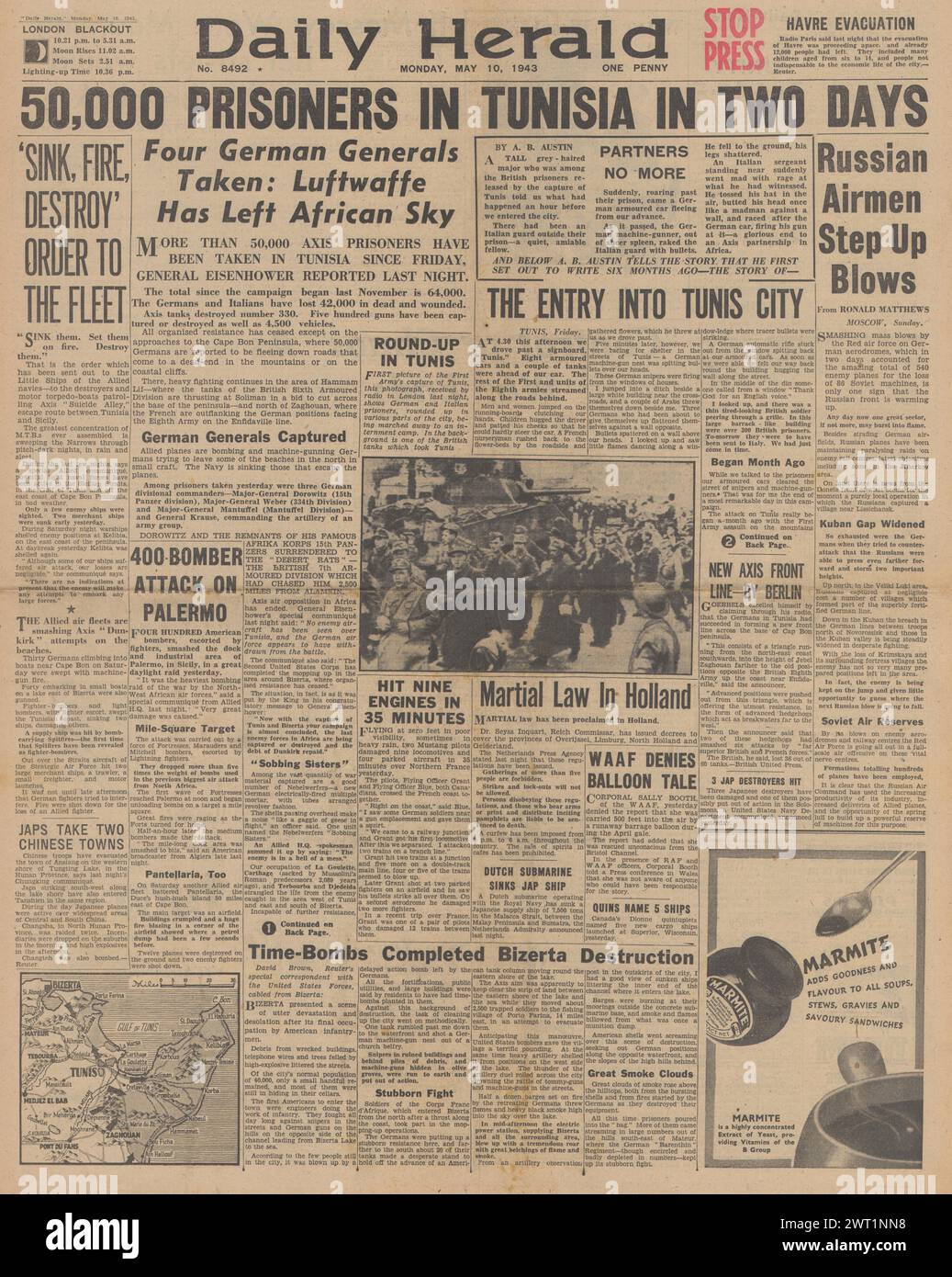 1943 Daily Herald front page reporting Axis forces surrender in North ...