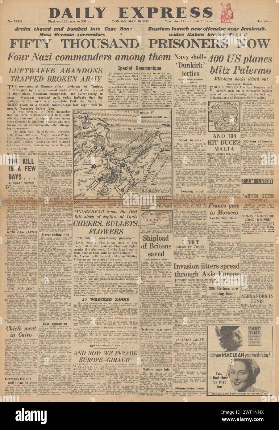 1943 Daily Express front page reporting Axis forces surrender in North ...