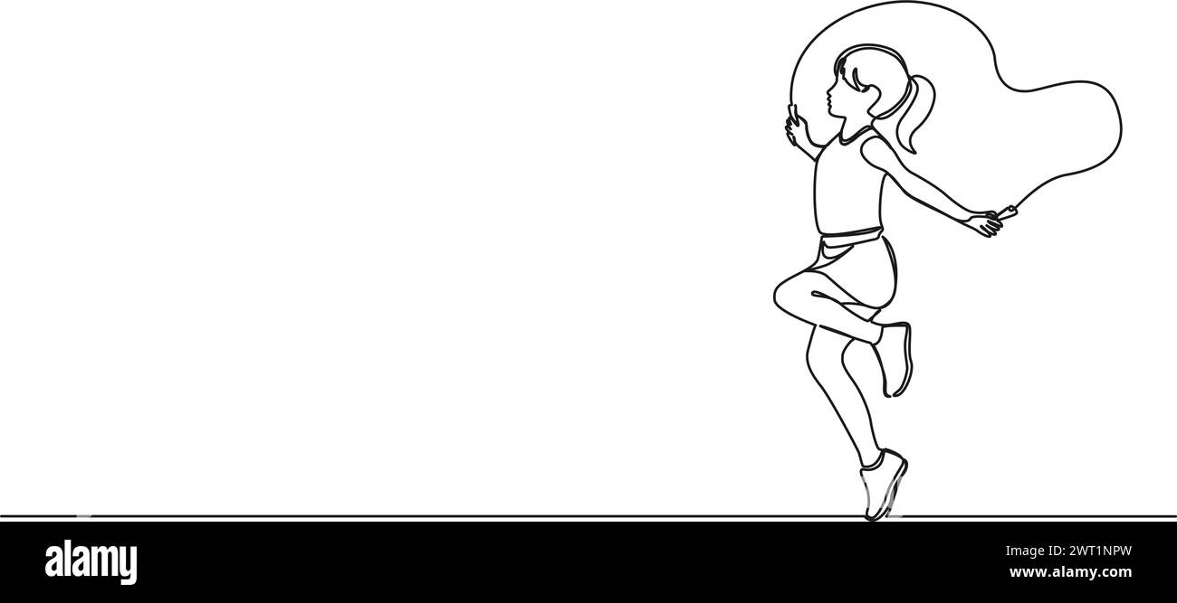 continuous single line drawing of girl jumping rope, line art vector ...