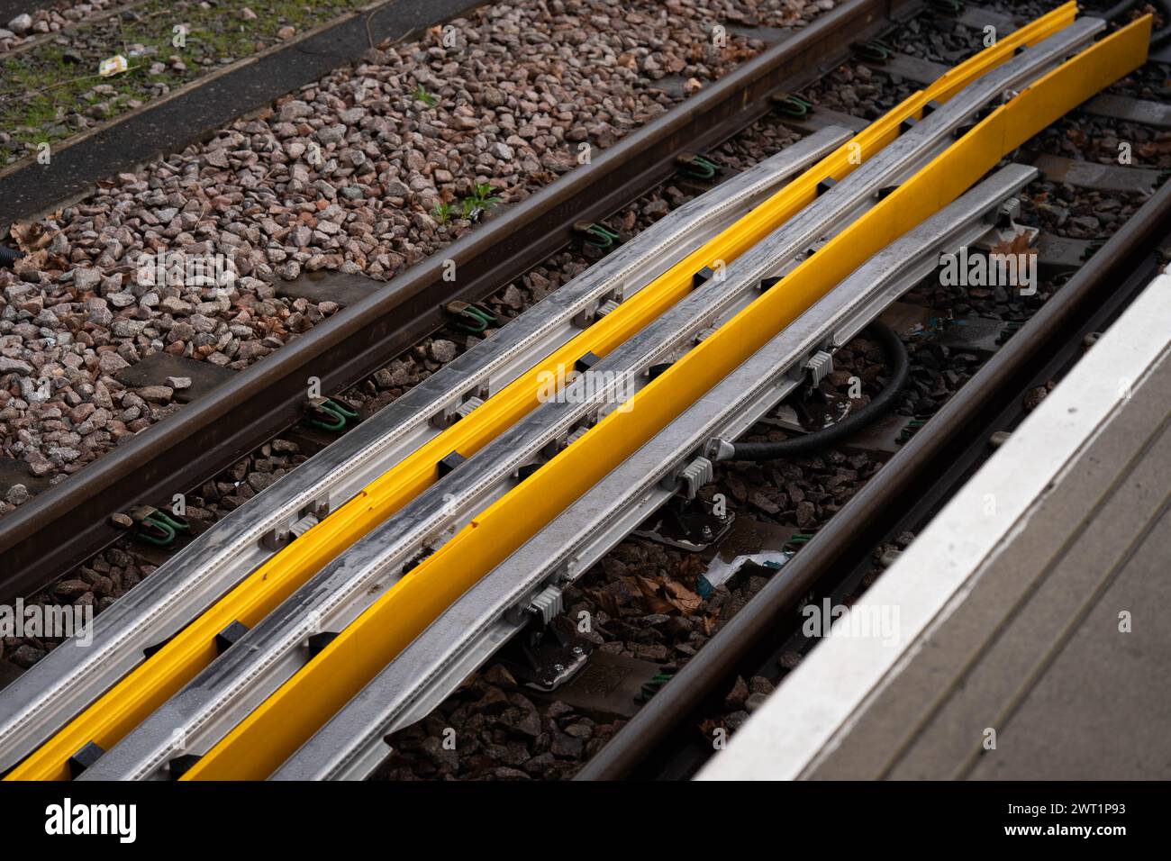 Charging rails at West Ealing Station, London, during the demonstration ...