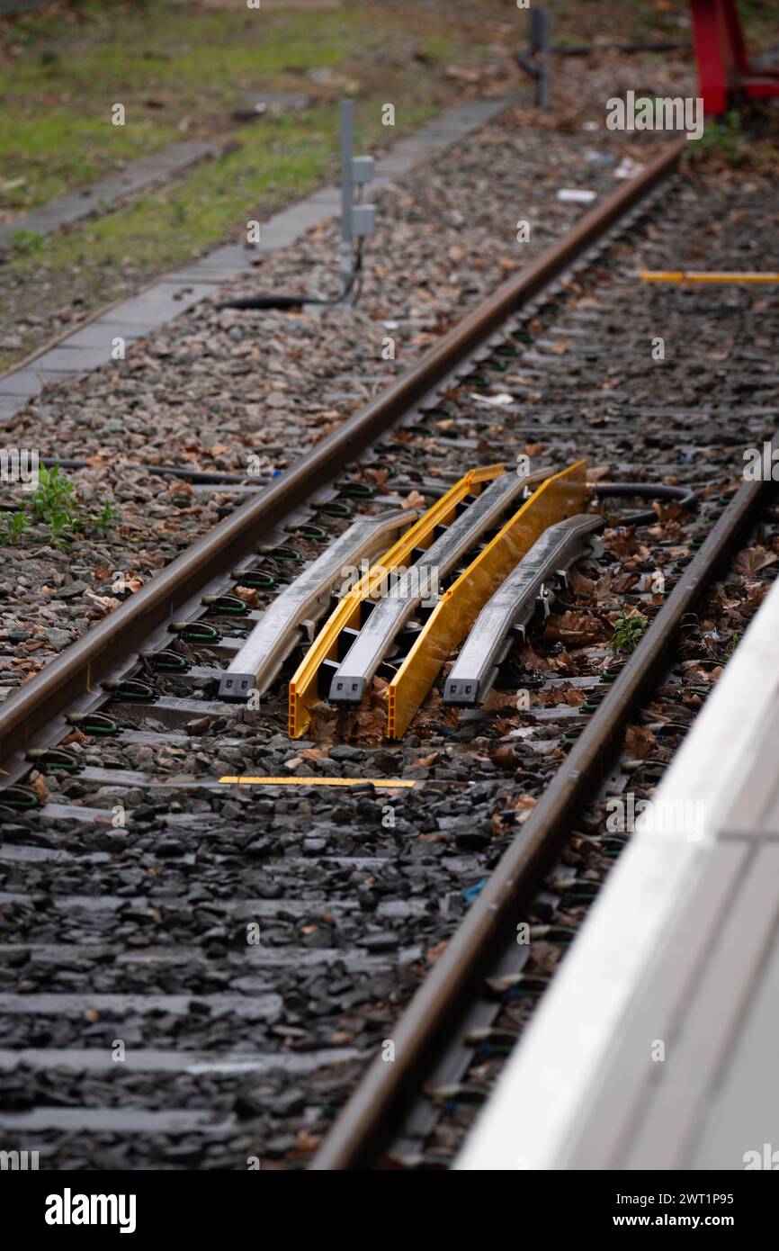 Charging rails at West Ealing Station, London, during the demonstration ...