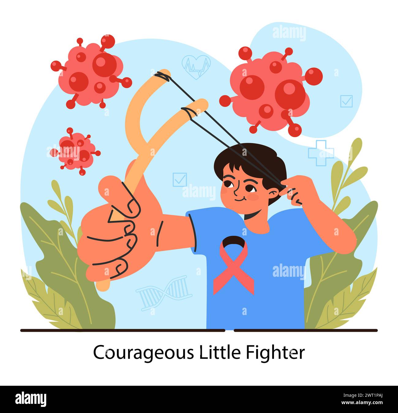 Child cancer. Boy shooting cancer cells with a slingshot . Little kid ...