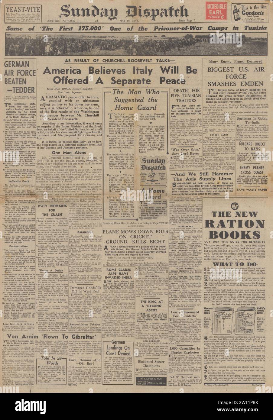 1943 Sunday Dispatch front page reporting Allies plan invasion of Italy ...