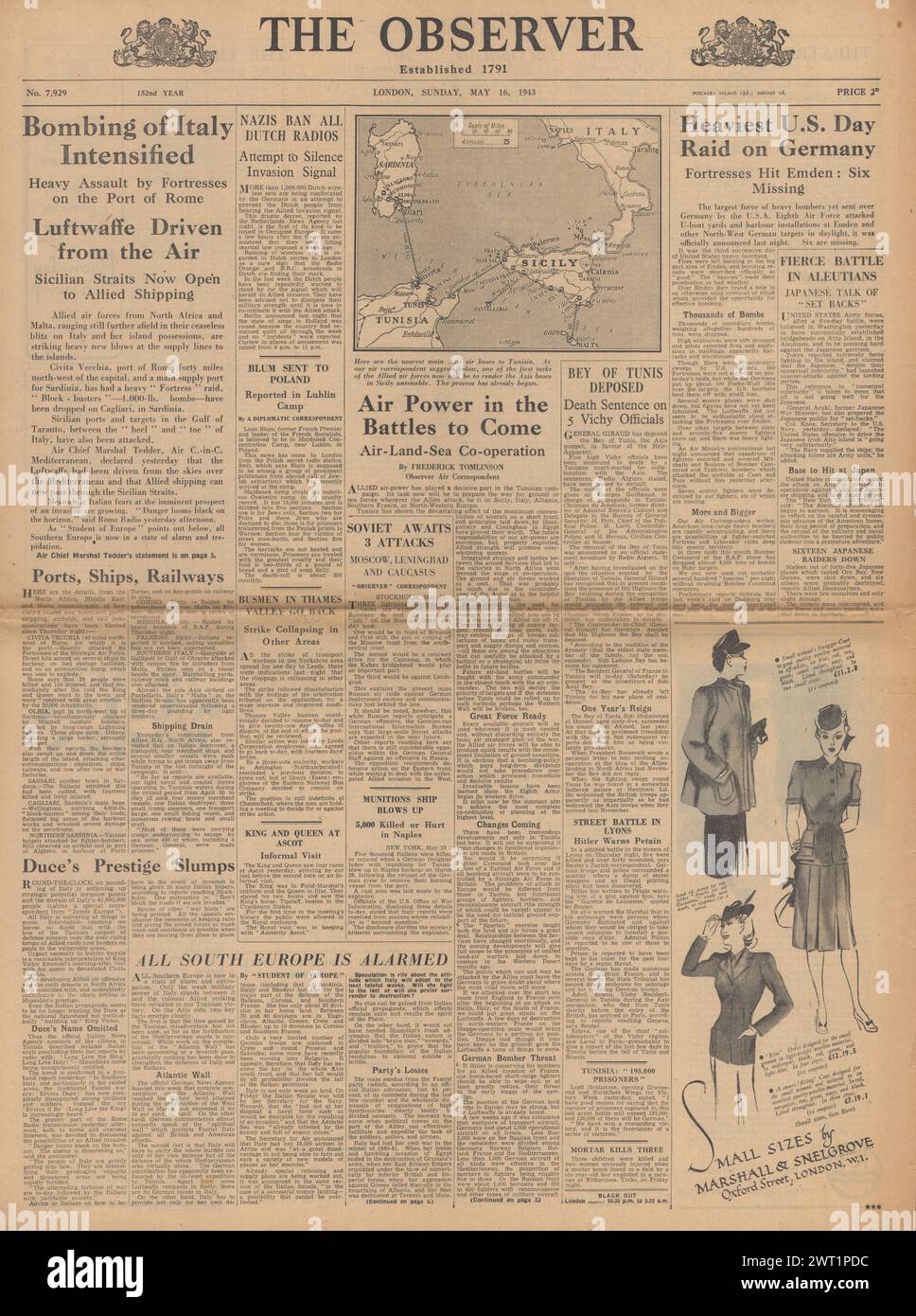 1943 The Observer front page reporting Allies plan invasion of Italy ...