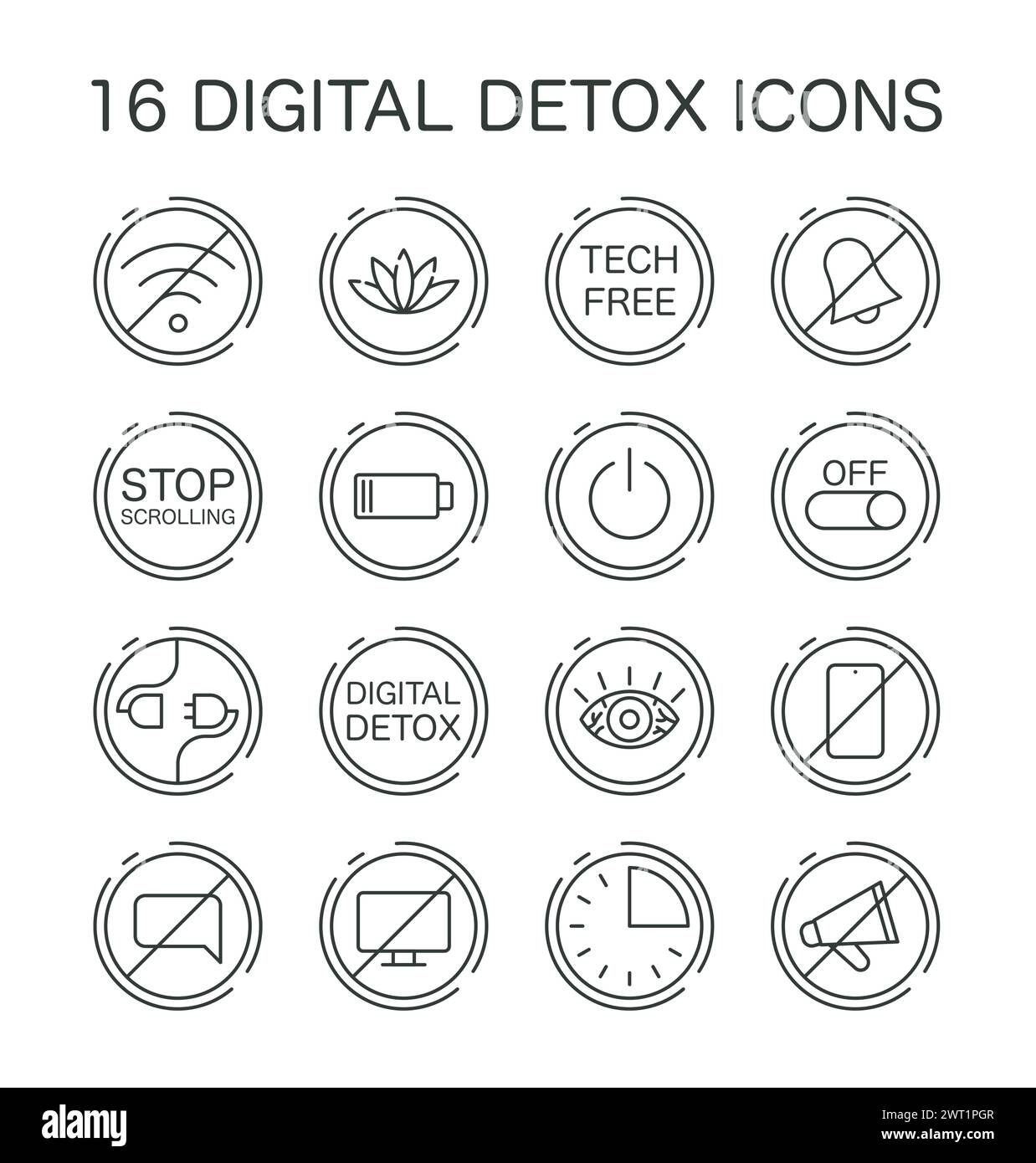 Digital detox icons set. Mindfulness, reducing screen time, and enjoying tech-free zones ...