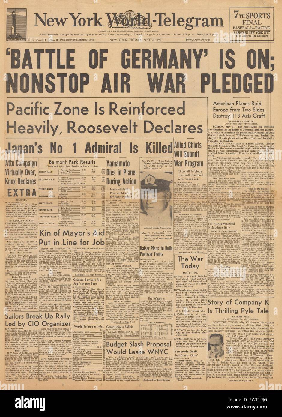 1943 New York World - Telegram front page reporting Escalation of ...