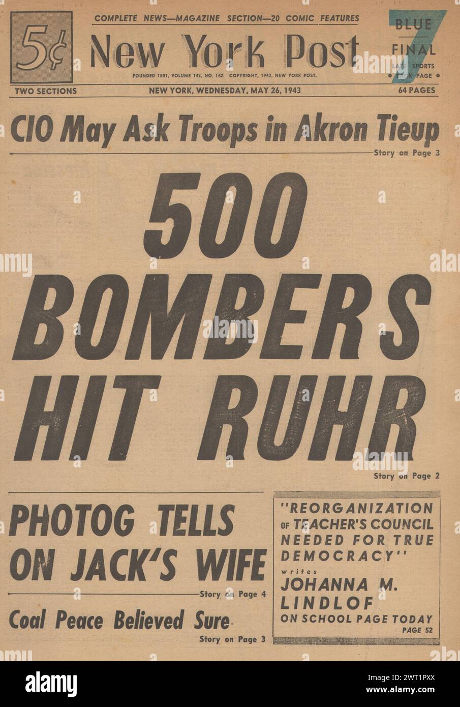 1943 New York Post front page reporting RAF bomb Ruhr Stock Photo - Alamy