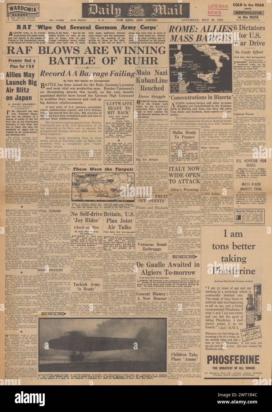 1943 Daily Mail front page reporting Allied war plans agreed and RAF ...