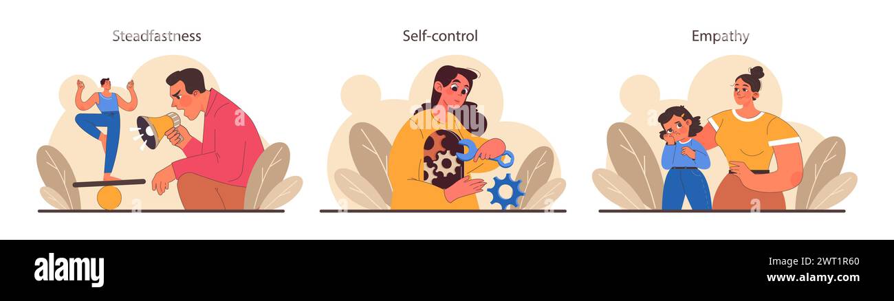 Patience set. Calm person meditating and finding balance. Mental or ...