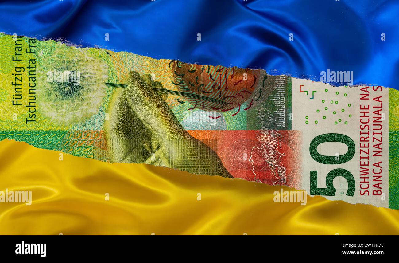100 US dollar banknote through torn 50 Swiss franc banknote for design ...