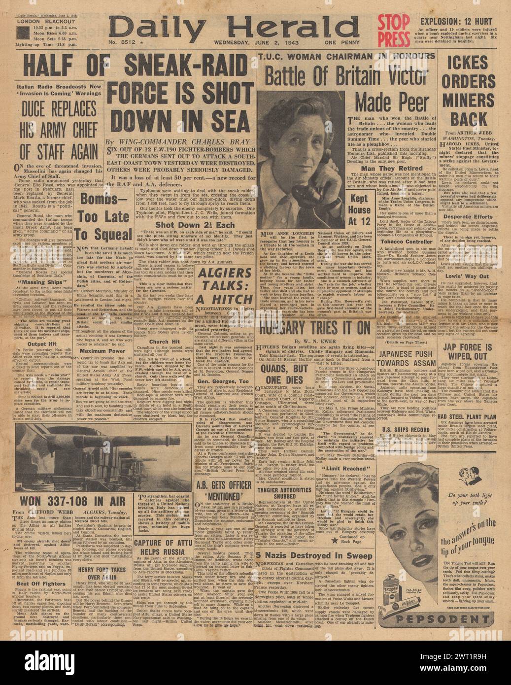 1943 Daily Herald front page reporting Luftwaffe aircraft shot down ...