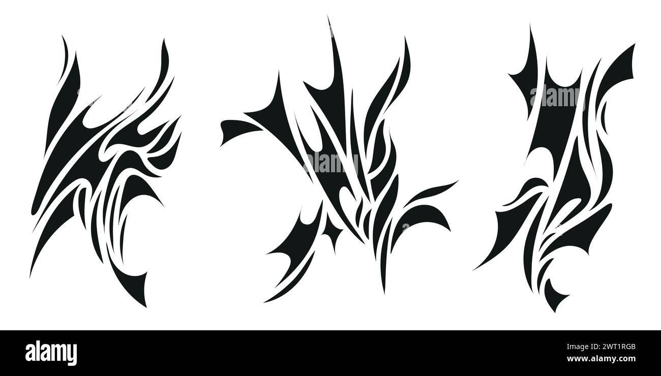 Vector set of y2k style neo tribal tattoos set, silhouettes, grunge ...