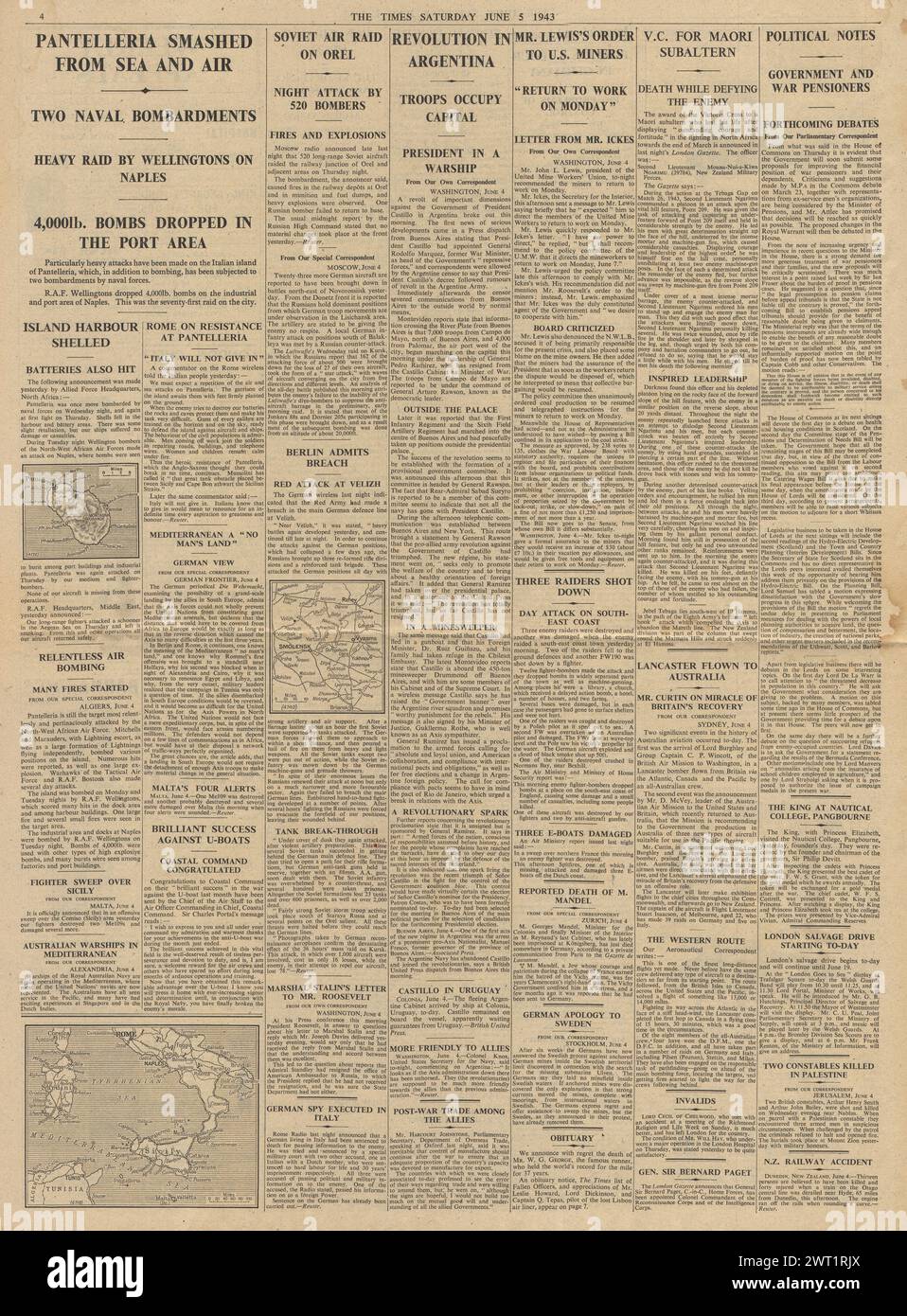 1943 The Times reporting Revolution in Argentina, US coal strike, Moana ...