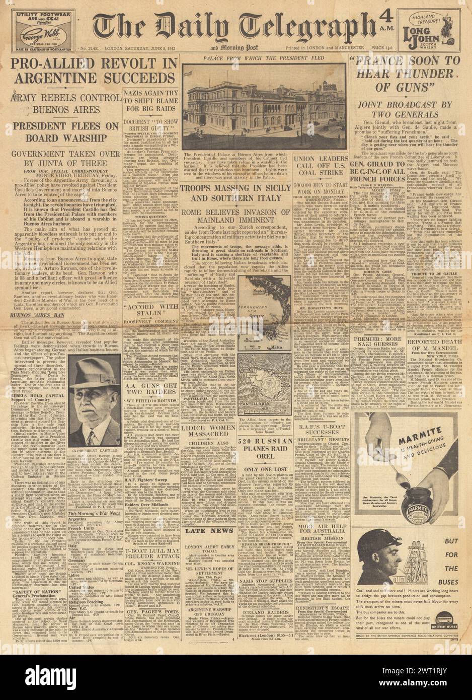 1943 The Daily Telegraph front page reporting Revolution in Argentina ...