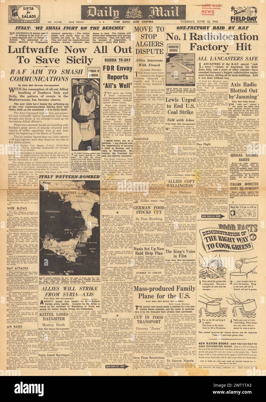 1943 Daily Mail front page reporting Lutwaffe to help in Sicily, RAF ...
