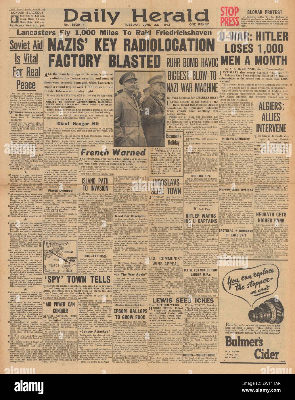 1943 Daily Herald front page reporting Heavy German losses in Russia ...