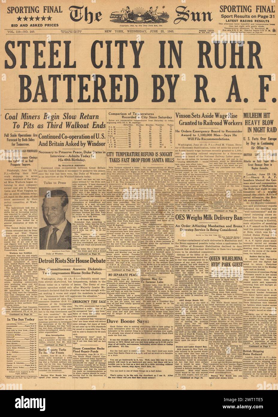 1943 The Sun front page reporting RAF bombing raids on Ruhr and Mulheim ...