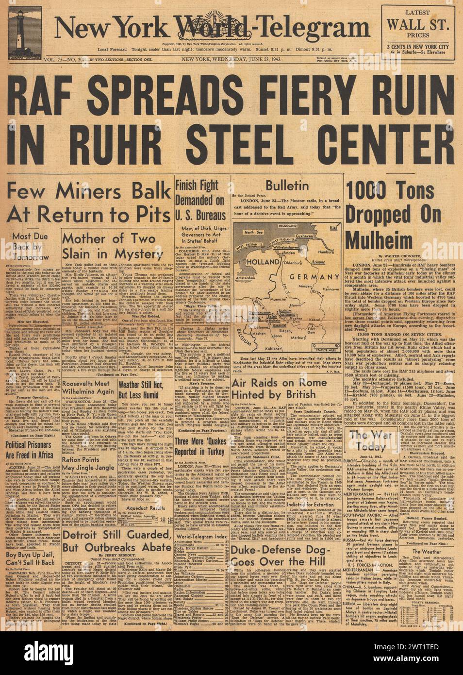 1943 New York World Telegram front page reporting RAF bombing raids on ...