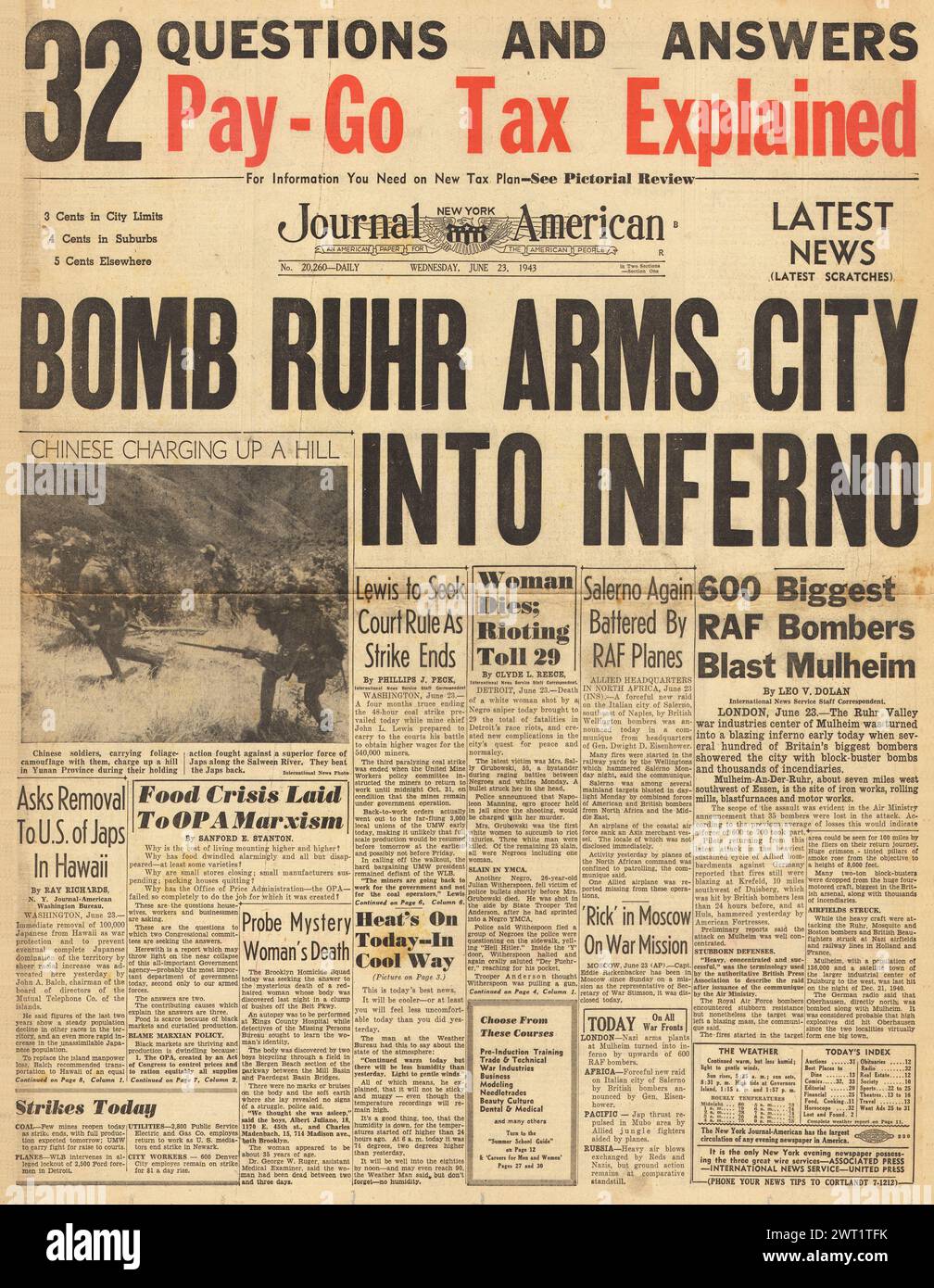 1943 Journal American Telegram front page reporting RAF bombing raids ...