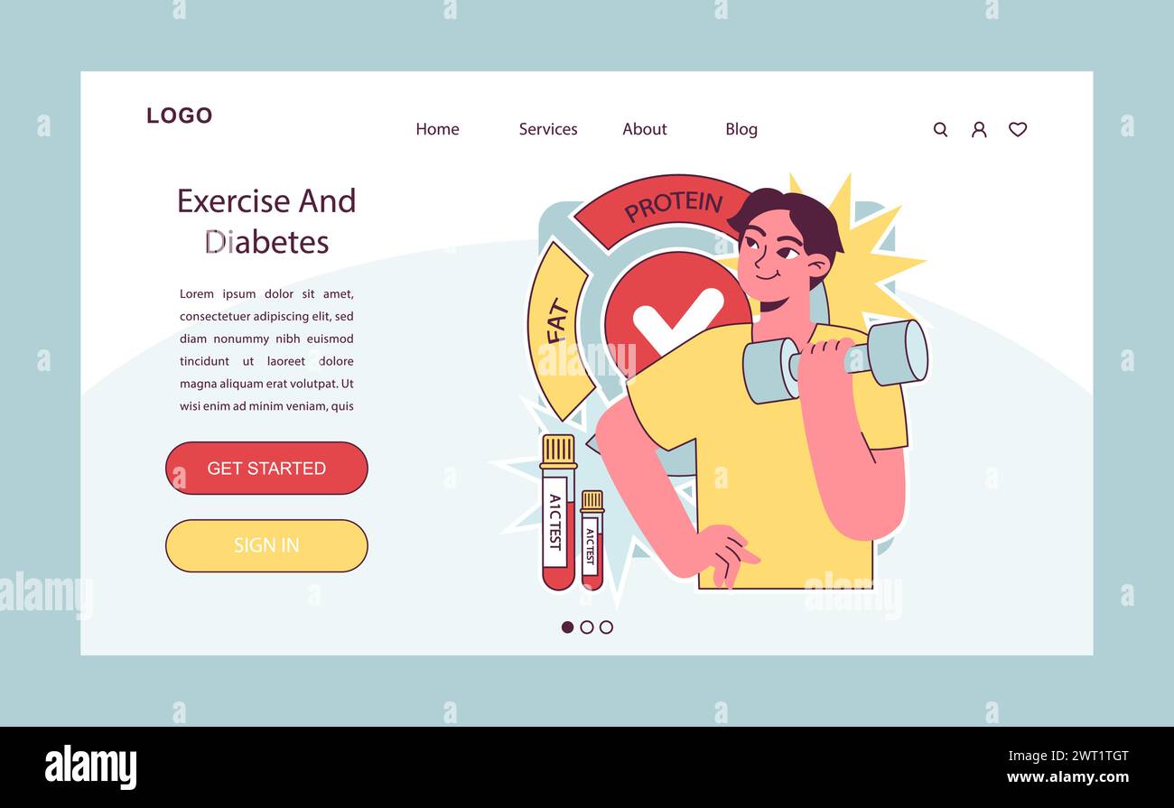 Diabetes and exercise web banner or landing page. Glucose monitoring ...