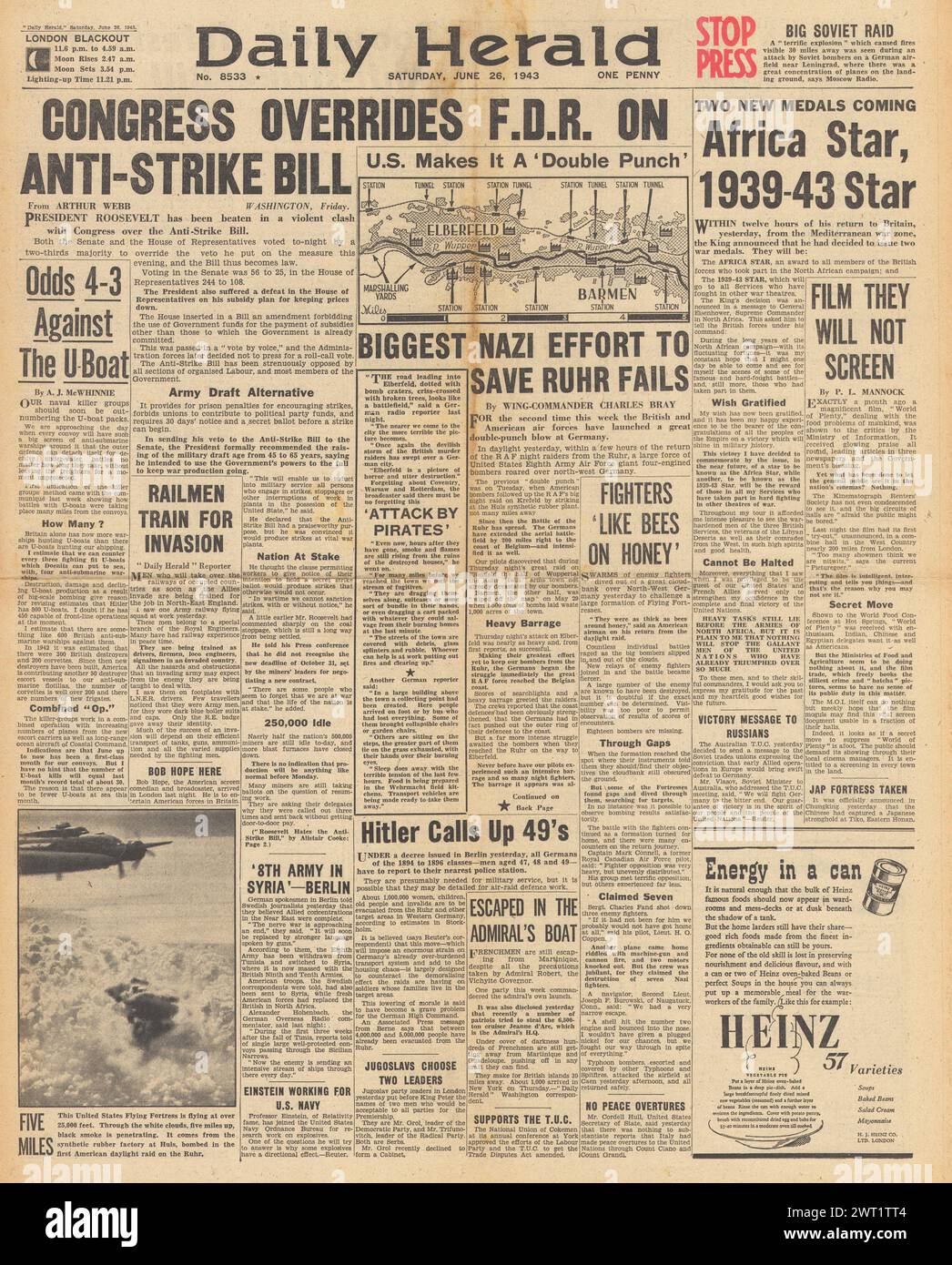 1943 Daily Herald front page reporting US Coal strike, Africa Star ...