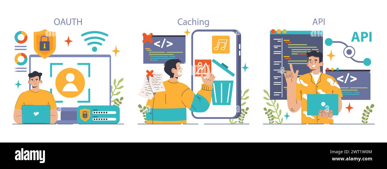 Back-end development set. Coding, software engineering or programming. Software script ...