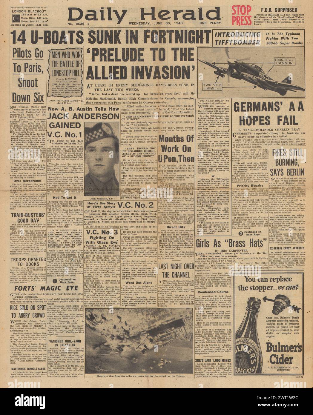 1943 Daily Herald front page reporting Allies bomb Germany and Greece ...
