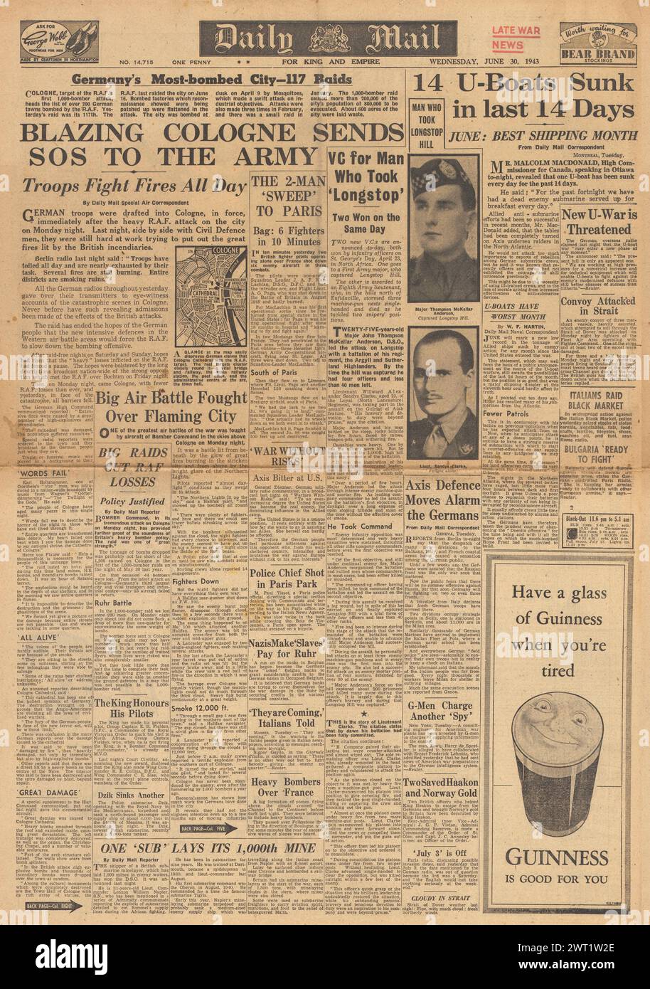 1943 Daily Mail front page reporting RAF bomb Cologne, U Boat war and ...