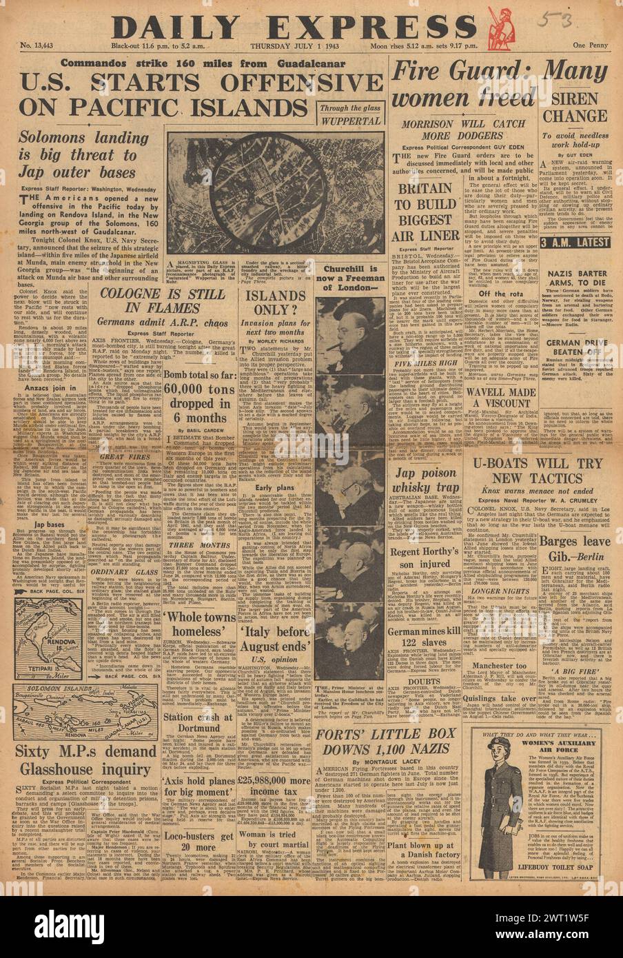 1943 Daily Express front page reporting US begins offensive on Solomon ... 1943 Daily Express front page reporting US begins offensive on Solomon ...
