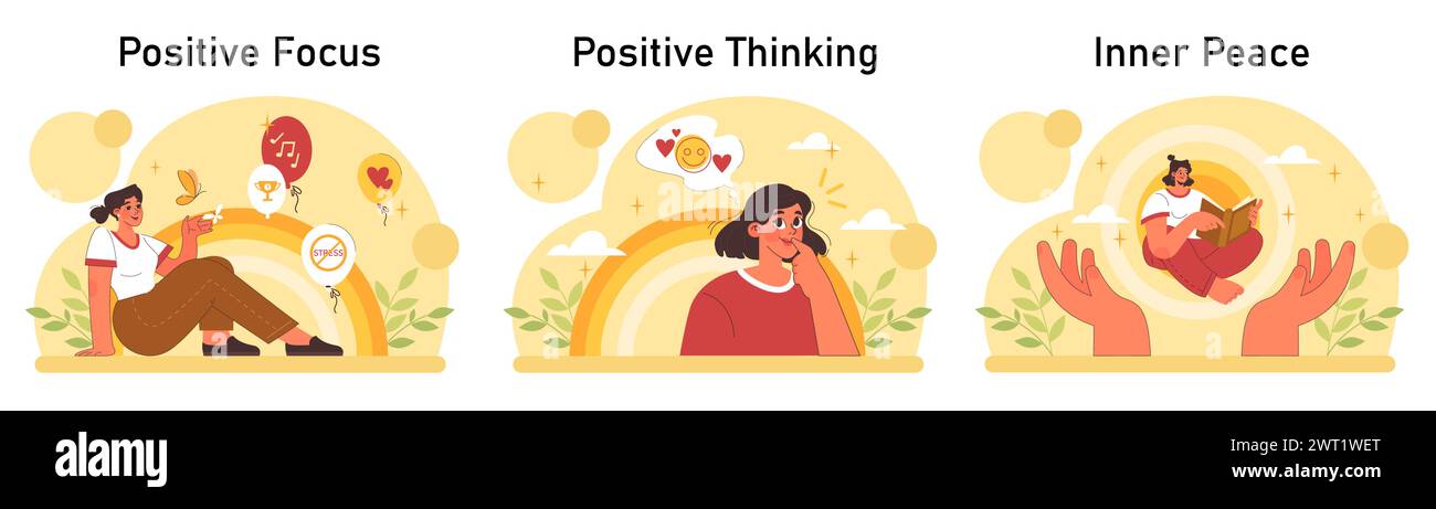 Positive psychology set. Positive thinking and attitude. Optimistic ...