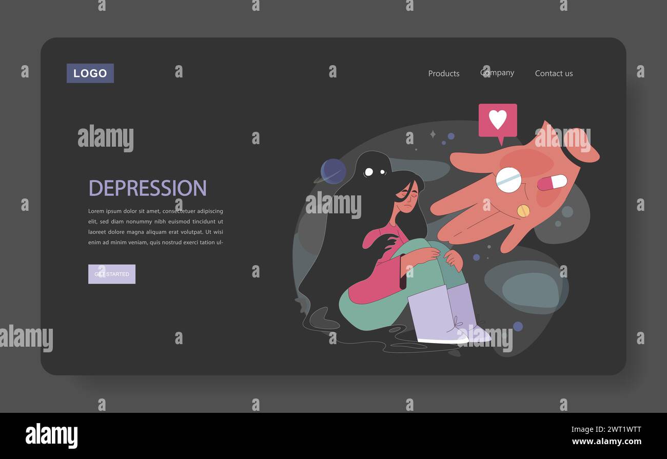Loneliness web banner or landing page dark or night mode. Unhappy ...