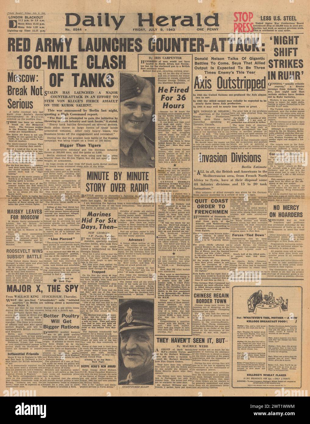 1943 Daily Herald front page reporting Battle of Kursk and RAF bomb ...