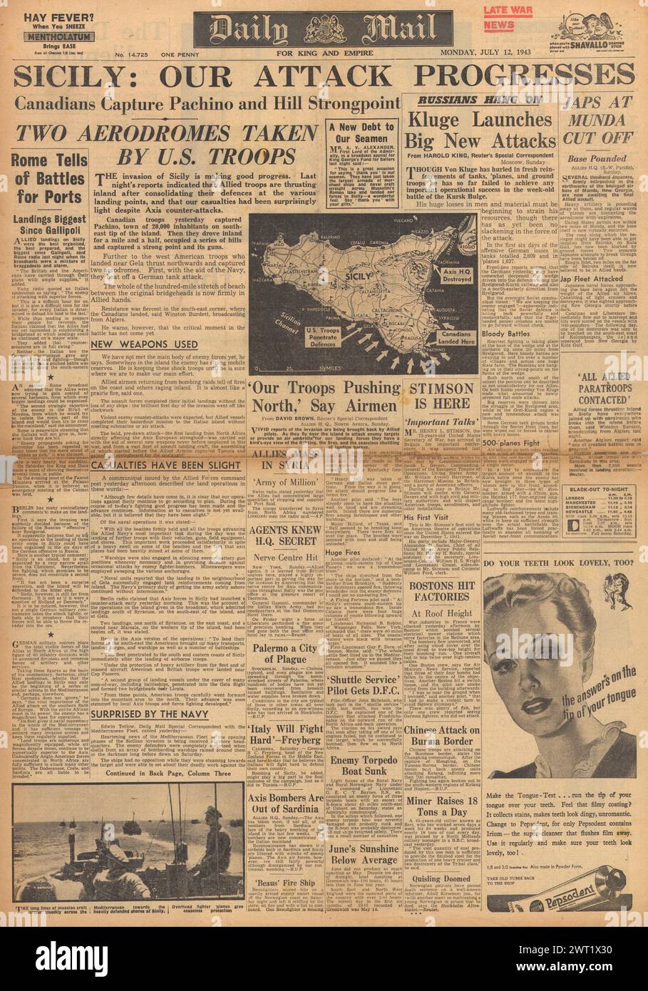 1943 Daily Mail front page reporting Allied invasion of Sicily, Battle ...
