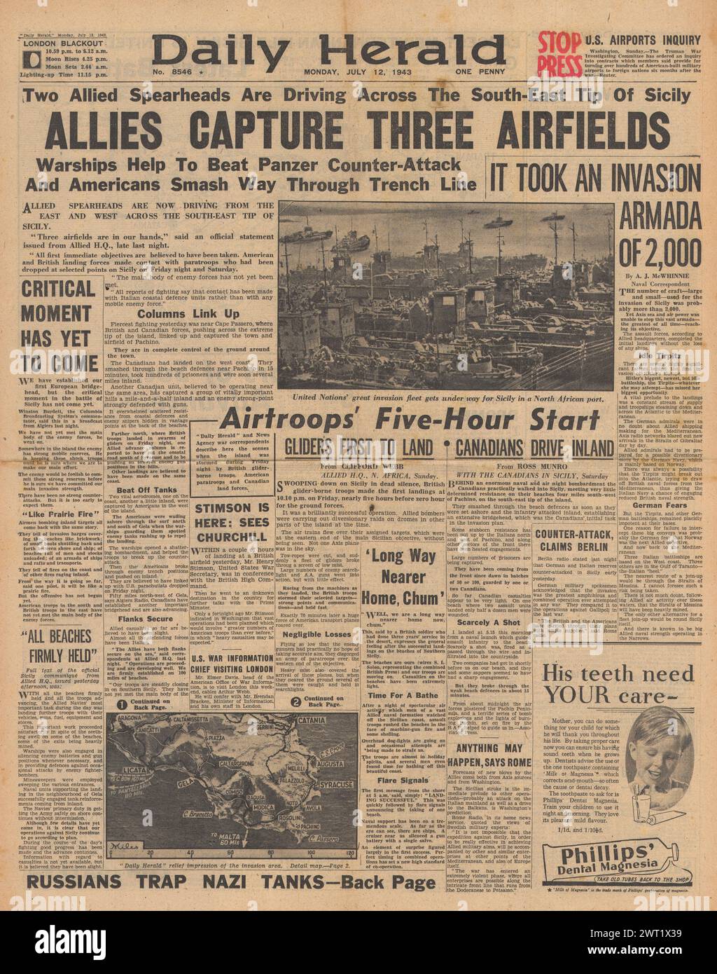 1943 Daily Herald front page reporting Allied invasion of Sicily Stock ...