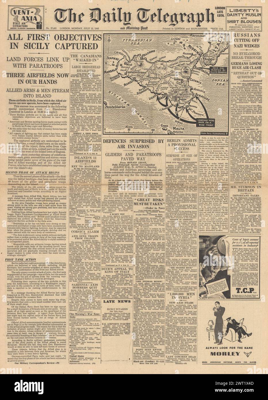1943 The Daily Telegraph front page reporting Allied invasion of Sicily ...