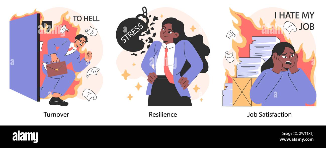 Professional burnout set. Young employee on fire at workplace. Office ...