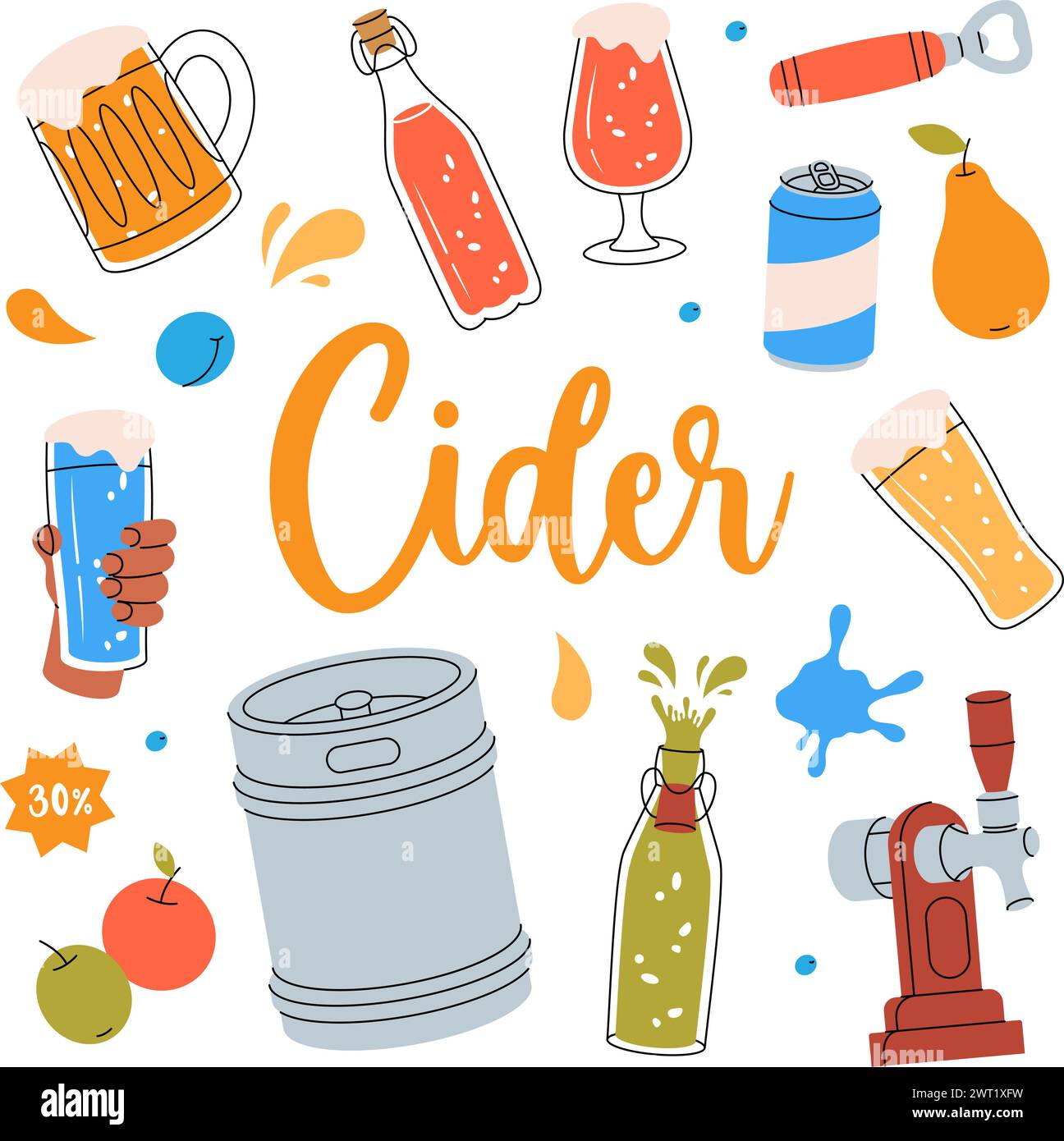 Fruit cider set. Cans, glasses, mugs, metal keg, bottle opener, tap ...