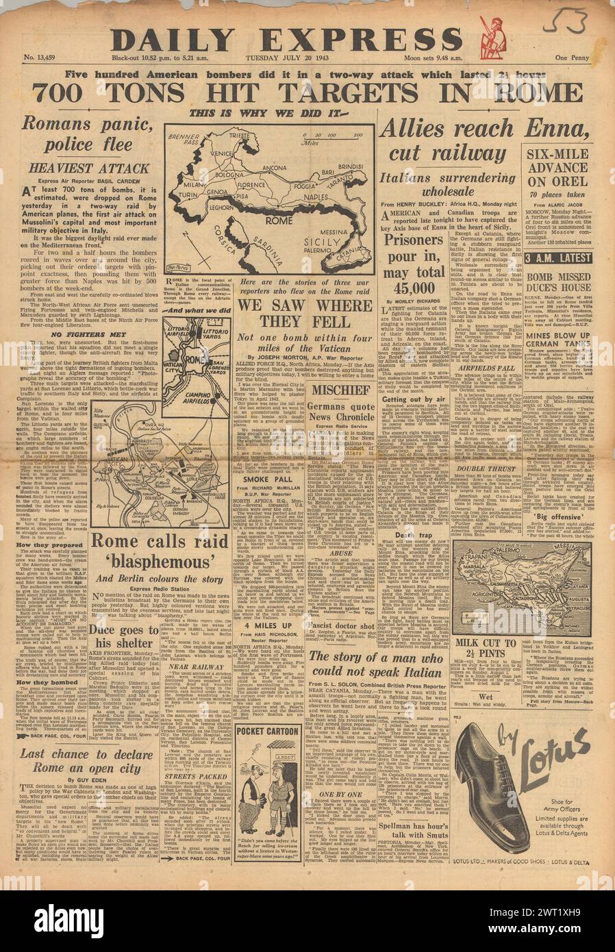 1943 Daily Express front page reporting Allied invasion of Sicily ... 1943 Daily Express front page reporting Allied invasion of Sicily ...