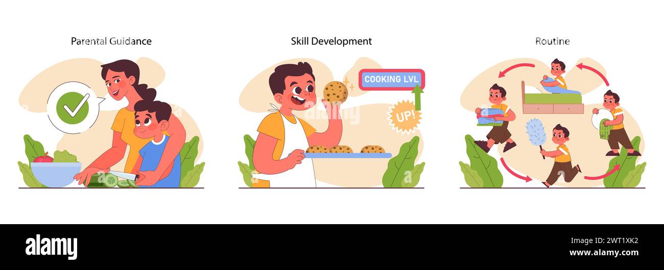 Child doing household chores set. Formation of your child's ...