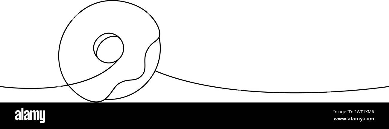 Donut with icing one line continuous drawing. Bakery sweet pastry food ...