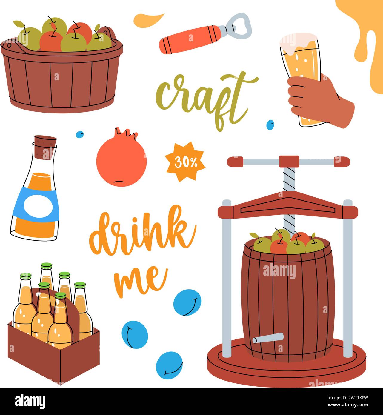 Fruit cider set. Wooden barrels, cans, glasses, mugs, metal keg, tap ...