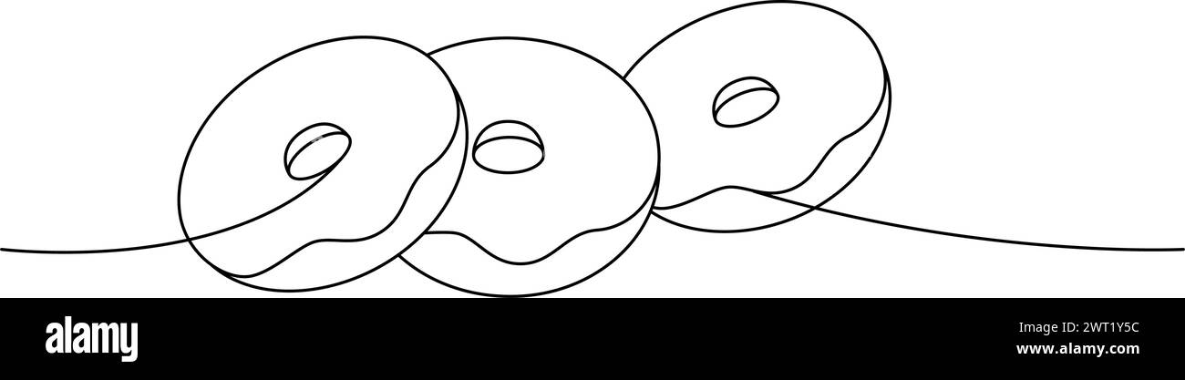 Glazed donut set one line continuous drawing. Bakery sweet pastry food ...