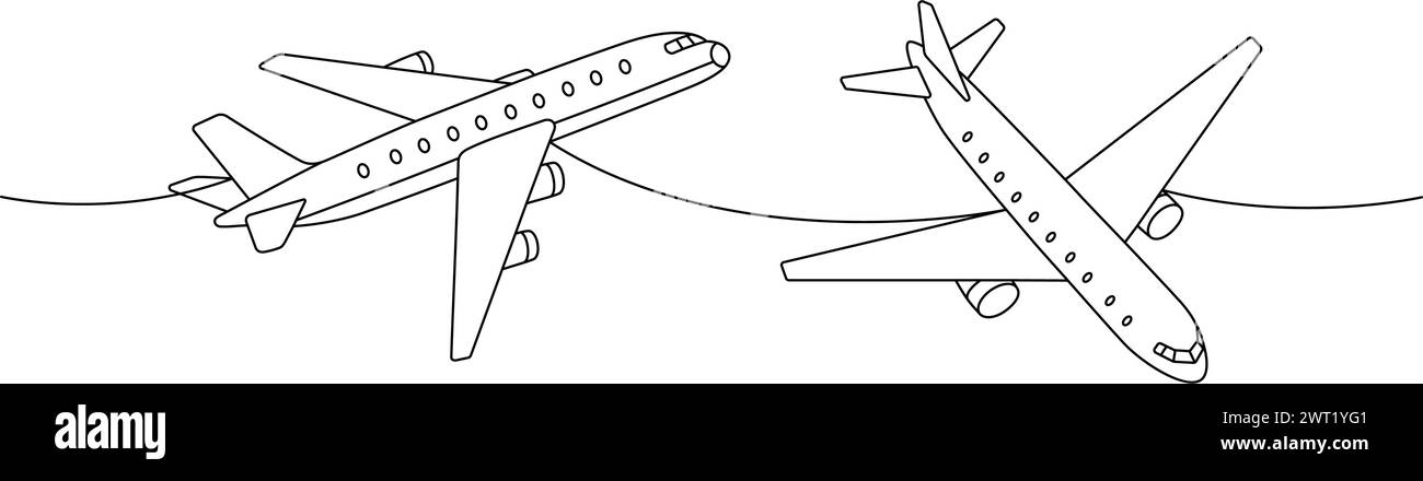Airplane set. Passenger airplanes one line continuous drawing ...