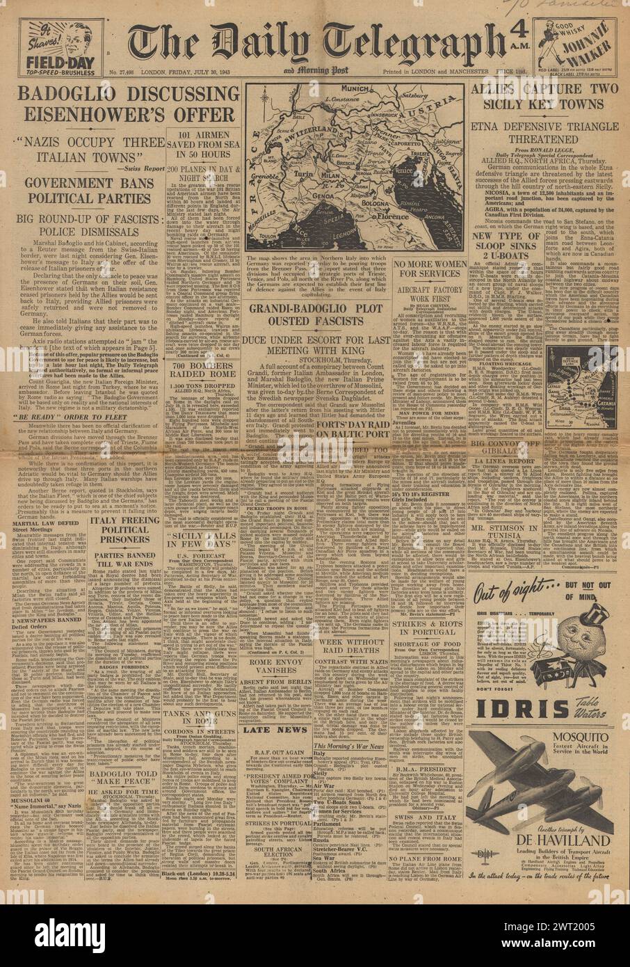 1943 The Daily Telegraph front page reporting Political and social ...