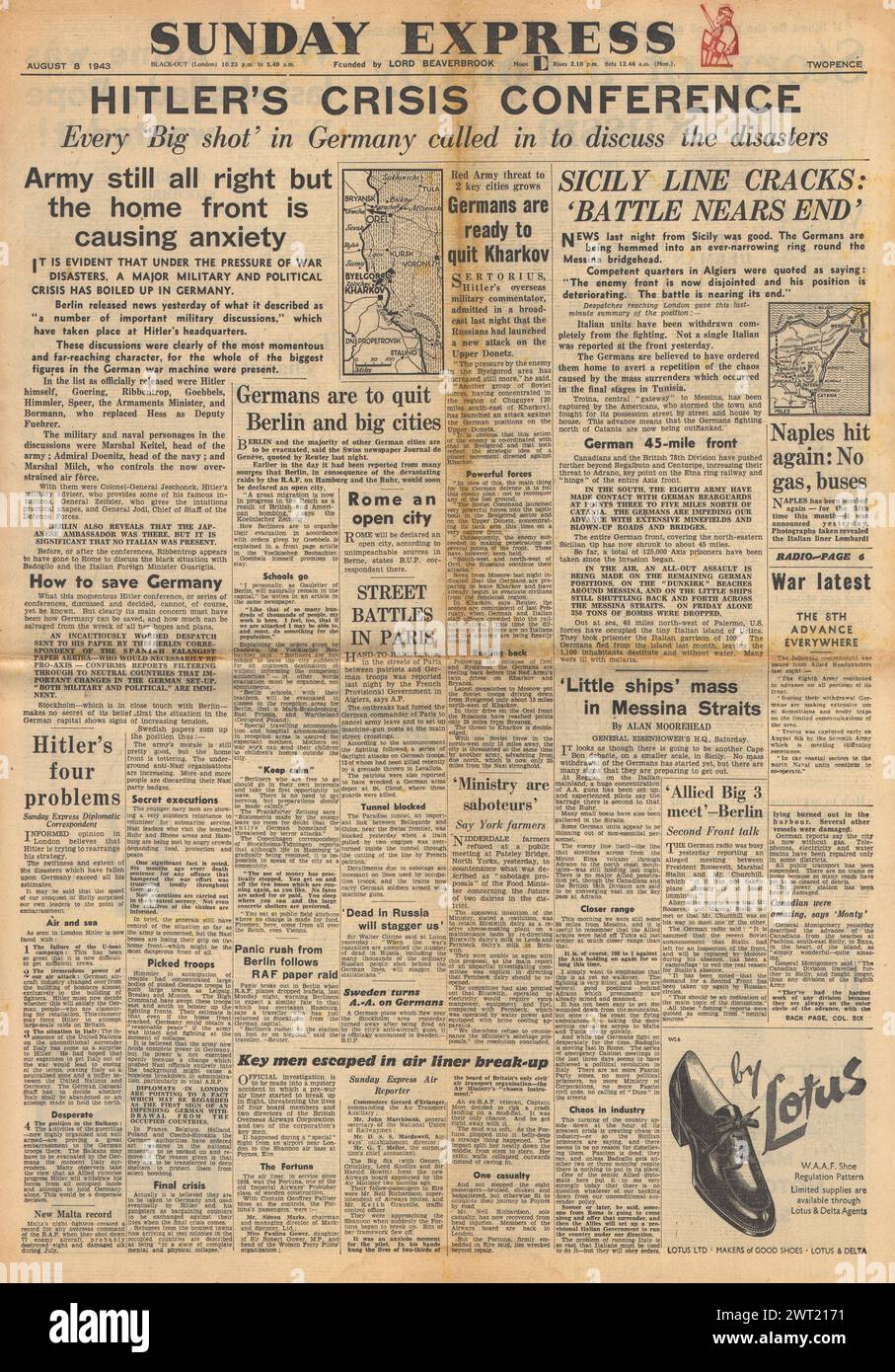 1943 Daily Express front page reporting Hitler holds crisis conference ...