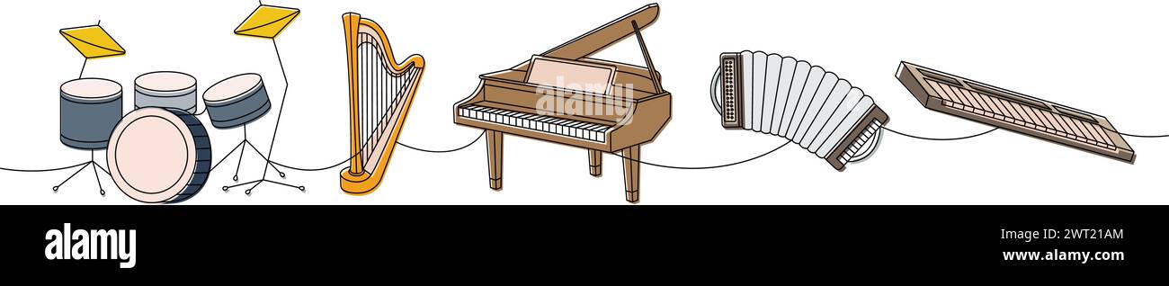 Classical musical instruments. Drum kit, lyre, wooden harp, grand piano ...